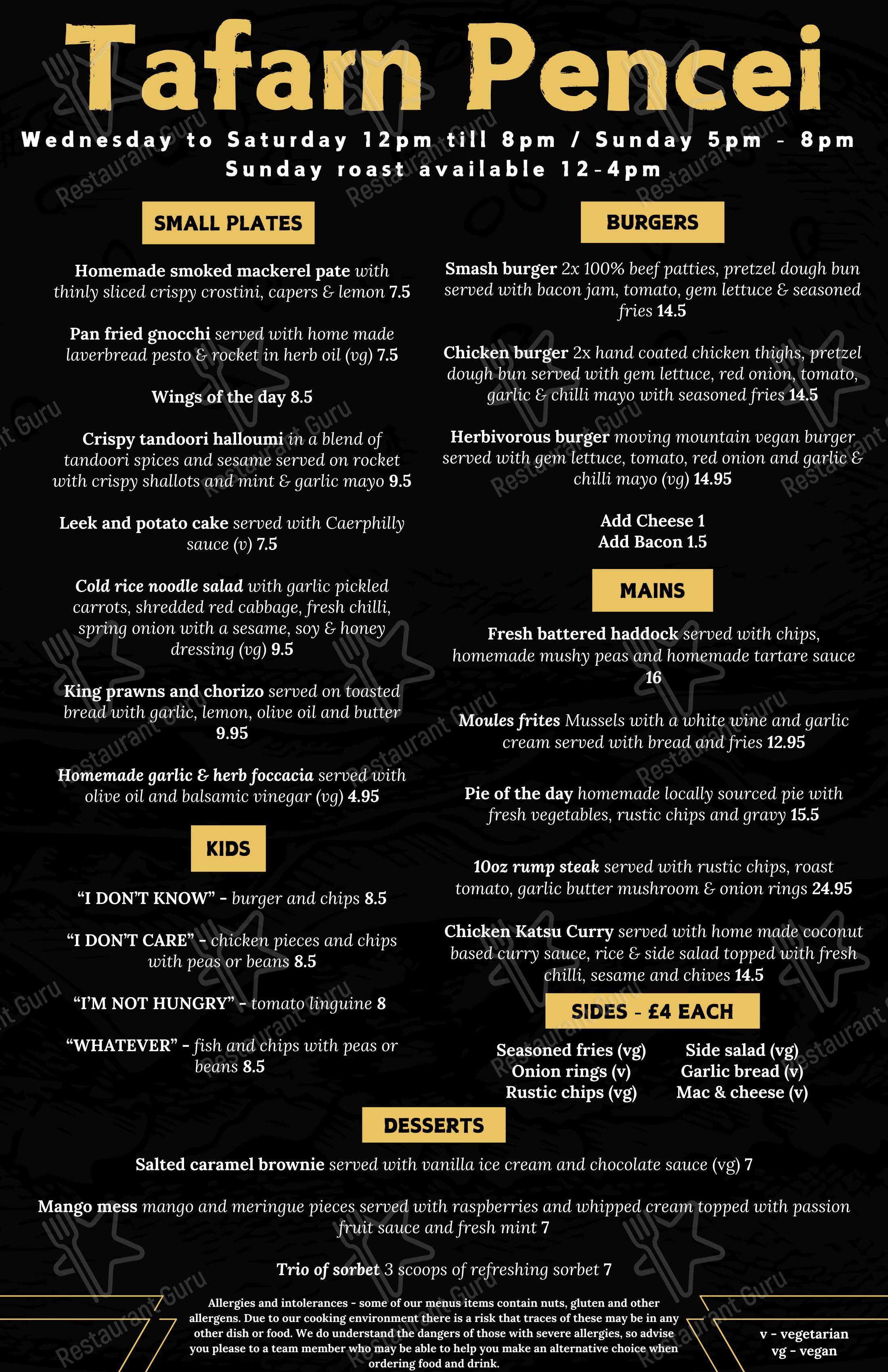 Menu at Tafarn Pencei pub & bar, Porthmadog