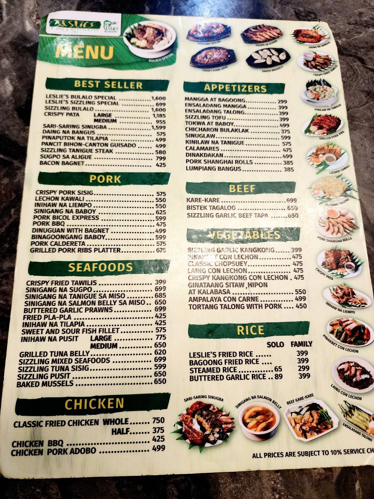 Menu at Leslie's Restaurant, Tagaytay, 4X22+RMG