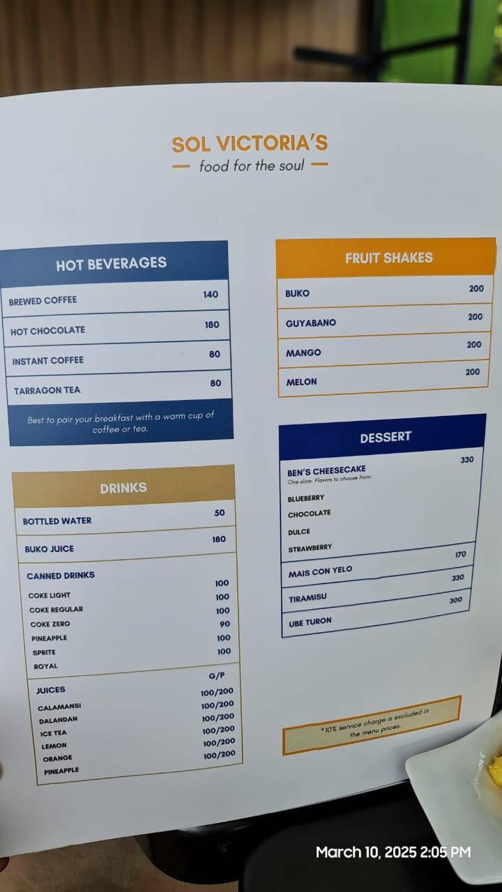 Menu at Sol Victoria's restaurant, Tagaytay