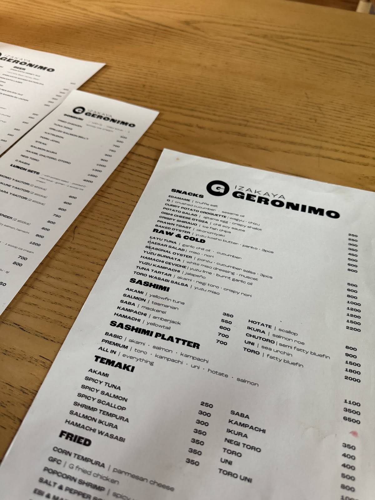Menu at Izakaya Geronimo restaurant, Taguig