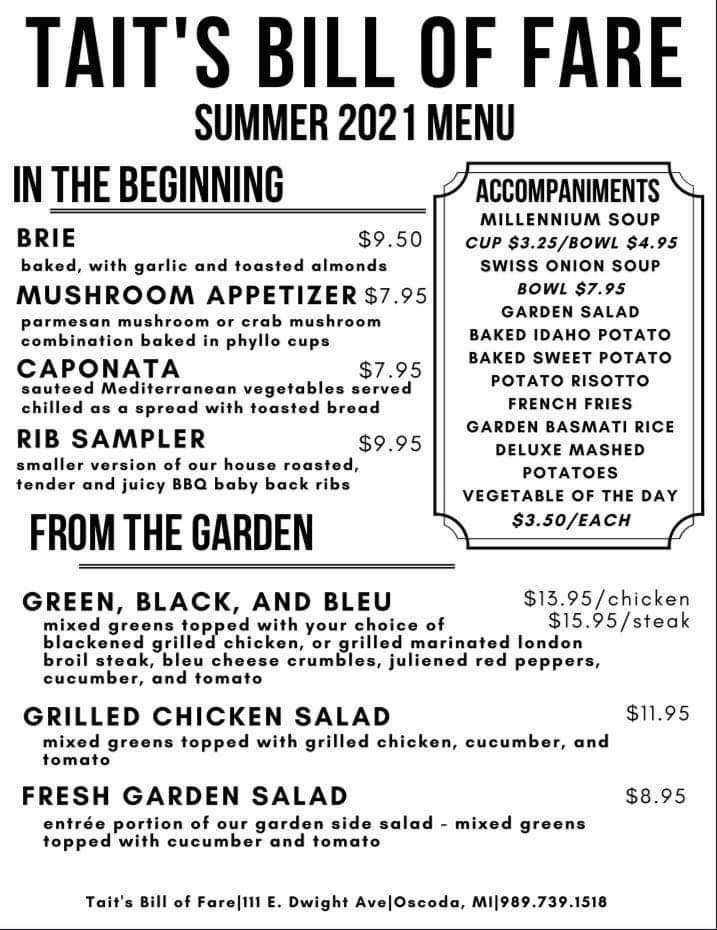 Menu at Tait's Bill of Fare BBQ, Oscoda Township