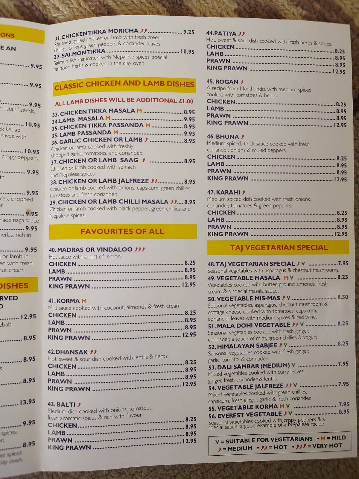 Menu at Taj Mahal restaurant, Penzance