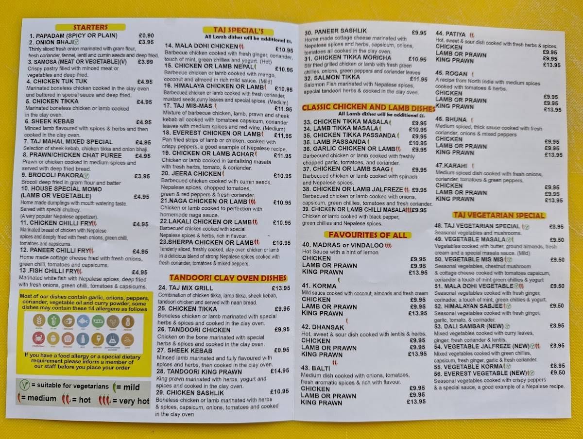 Menu at Taj Mahal restaurant, Penzance