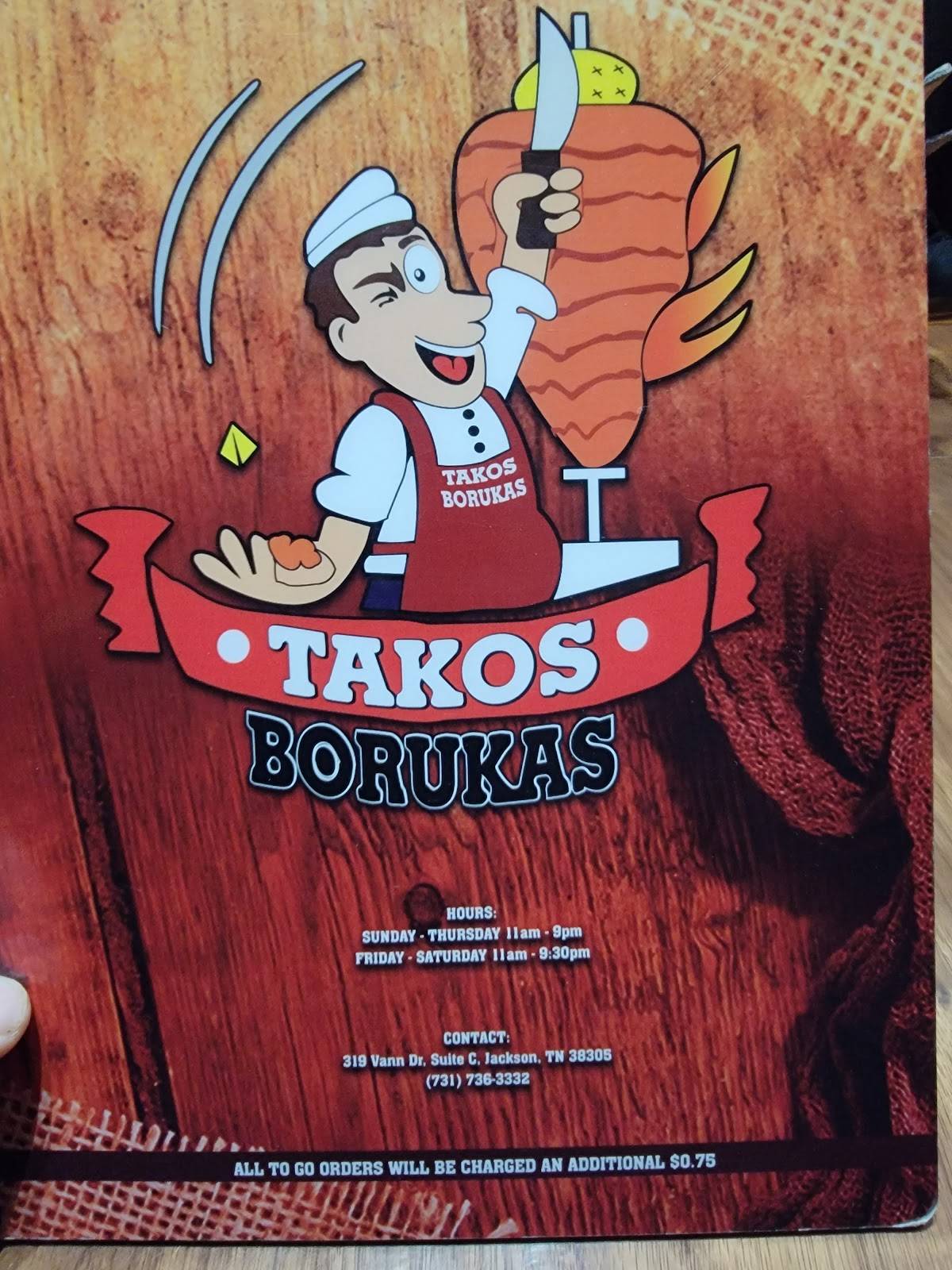 Menu at Takos Borukas restaurant, Jackson