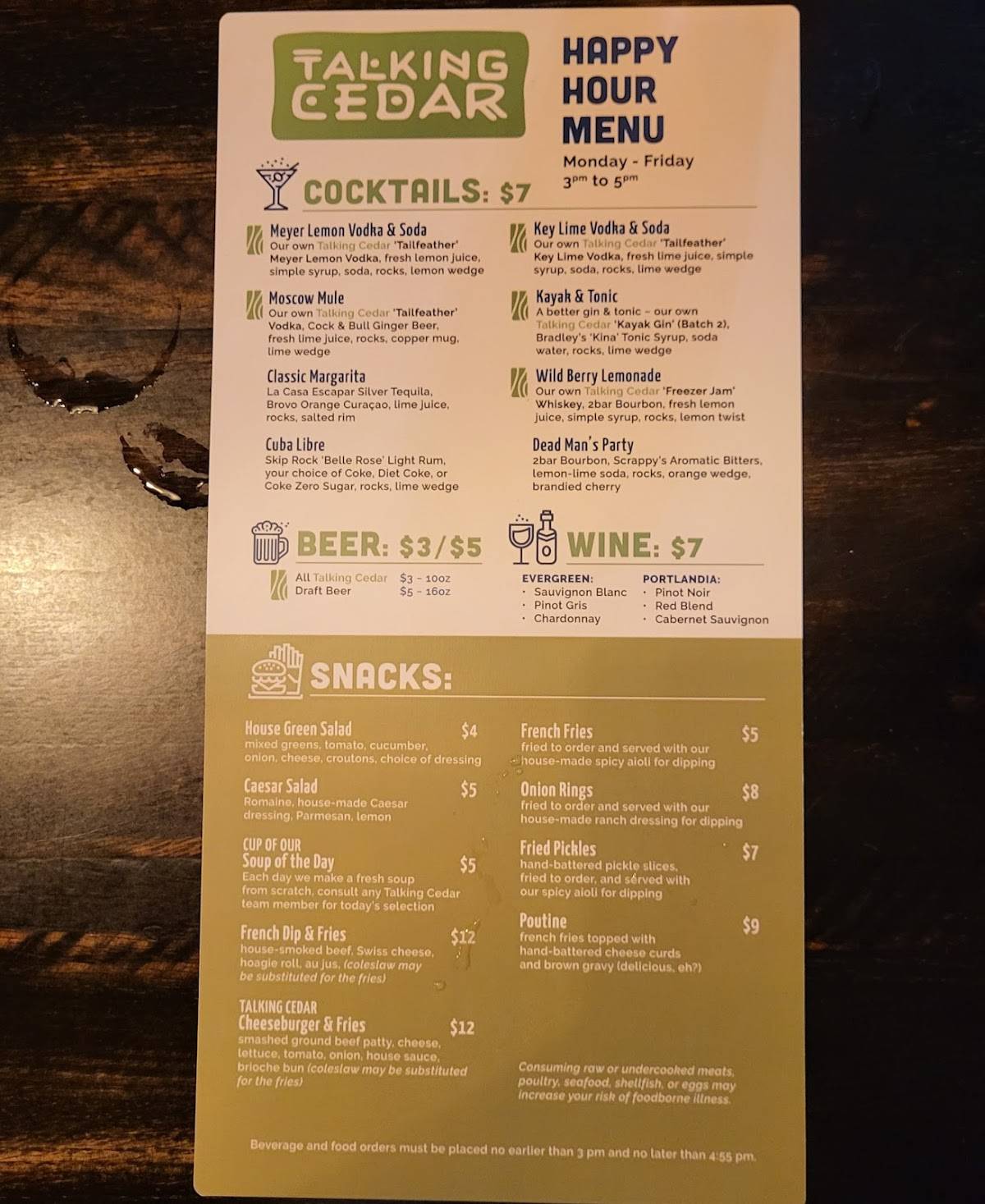 Menu at Talking Cedar restaurant, Rochester