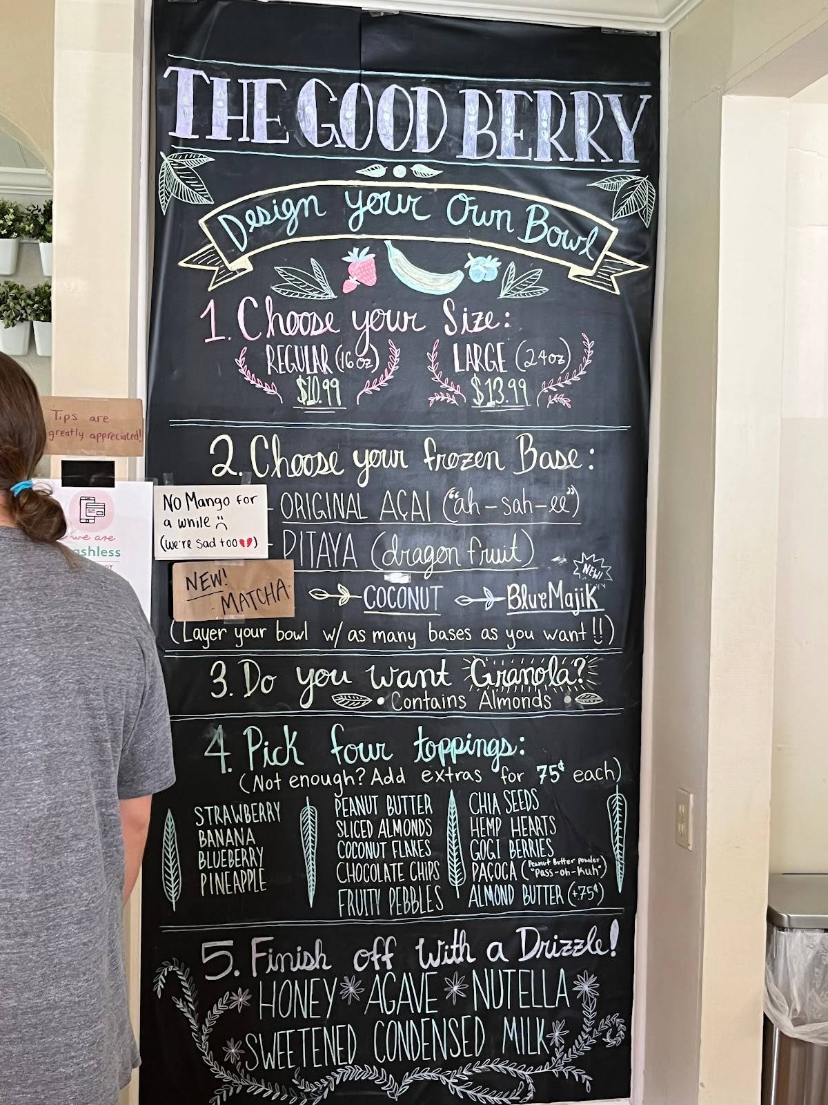 Menu at The Good Berry Açaí Bowls cafe, Tallahassee, Thomasville Rd