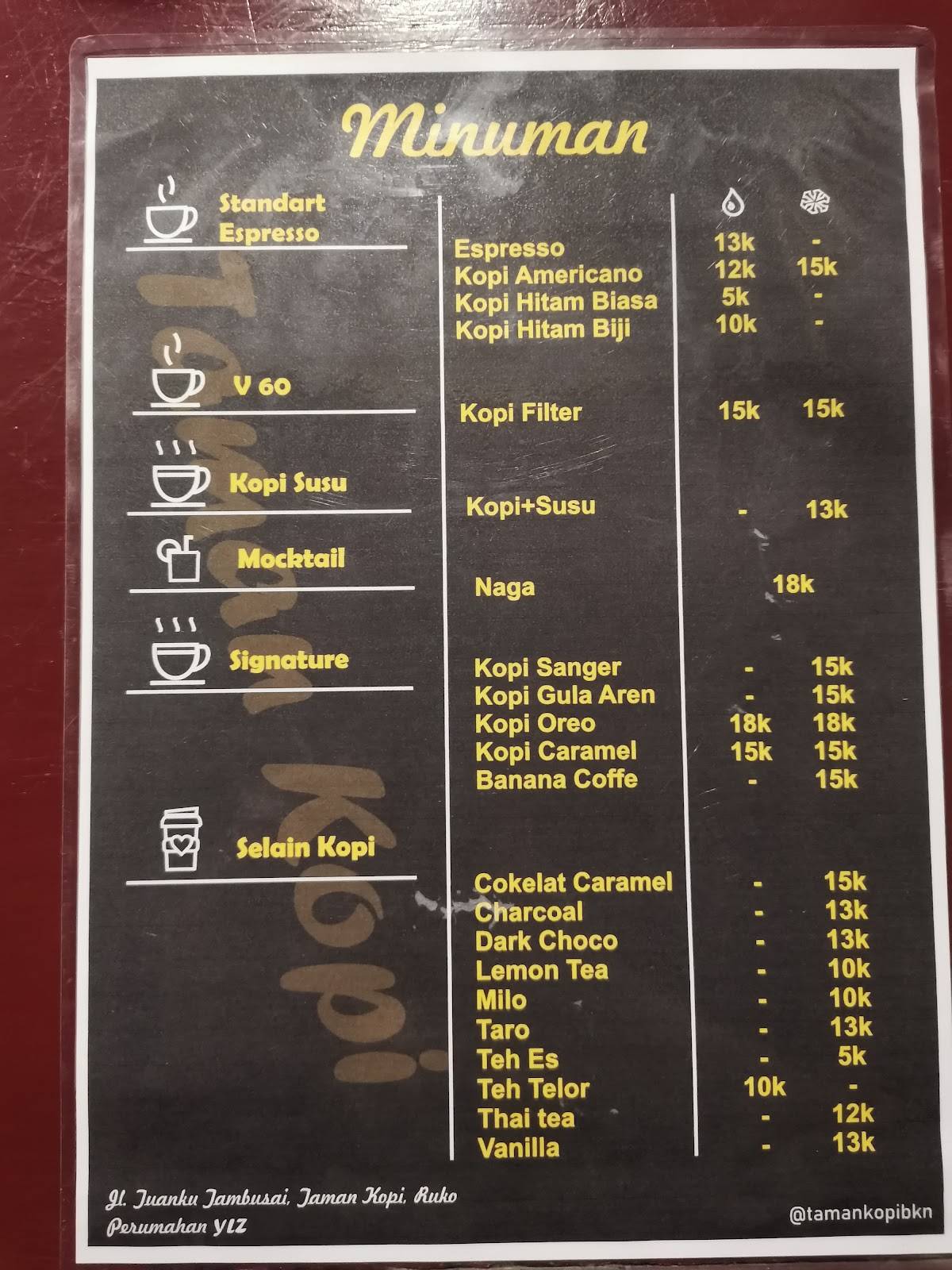 Menu at Taman Kopi, Coffee & Eatery cafe, Bangkinang