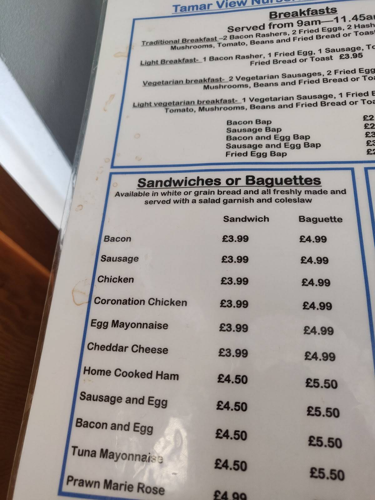 Menu at Tamar View Restaurant, Saltash