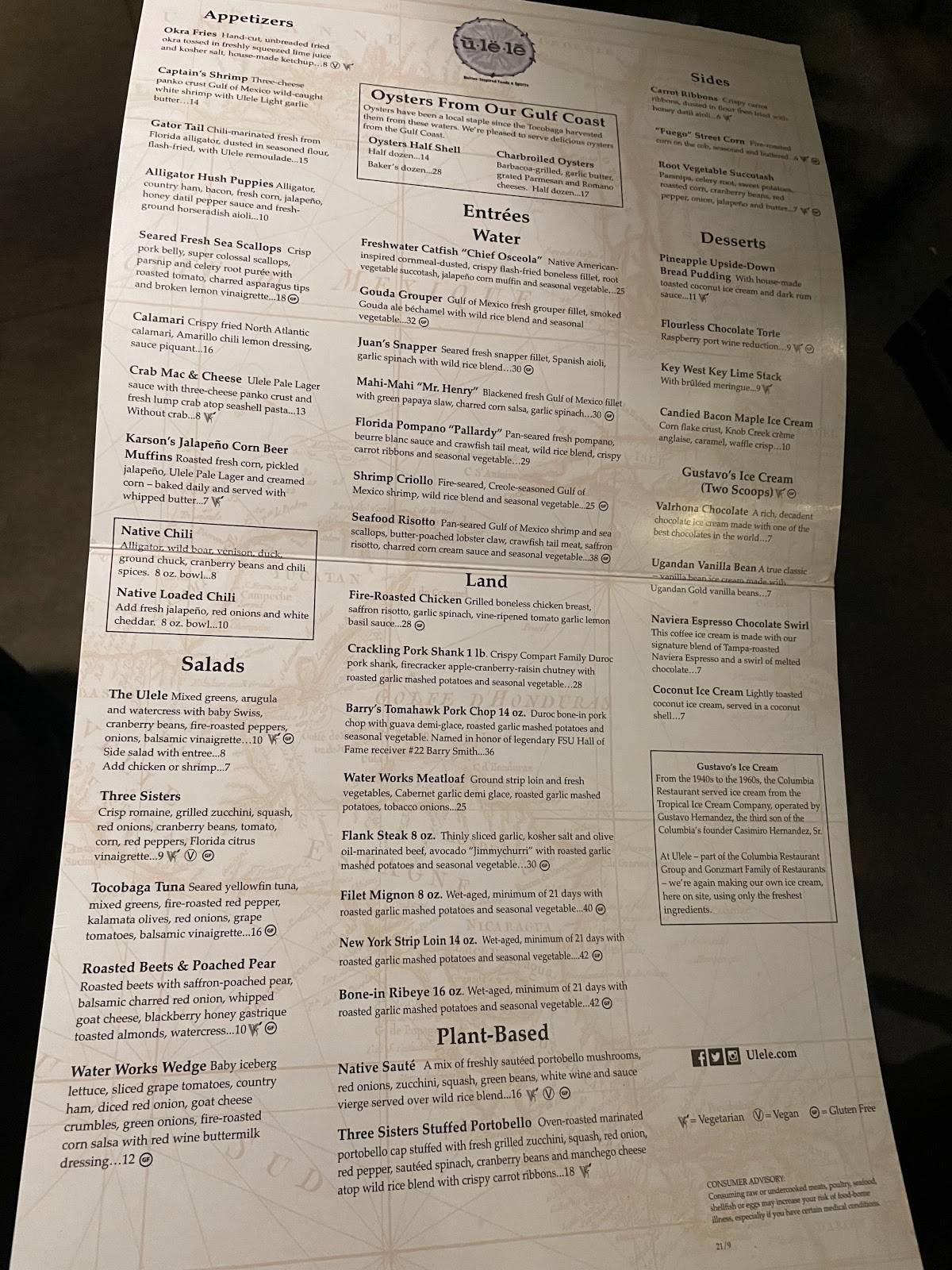 Menu at Ulele restaurant, Tampa, N Highland Ave