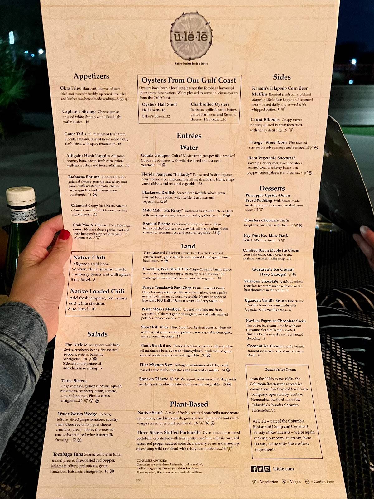Menu at Ulele restaurant, Tampa, N Highland Ave