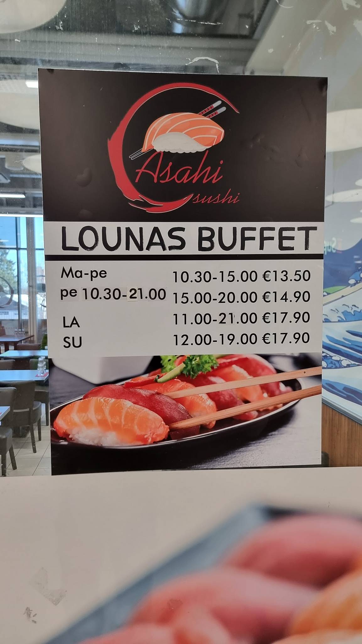Menu at Asahi Sushi restaurant, Tampere, Tesomankatu 4