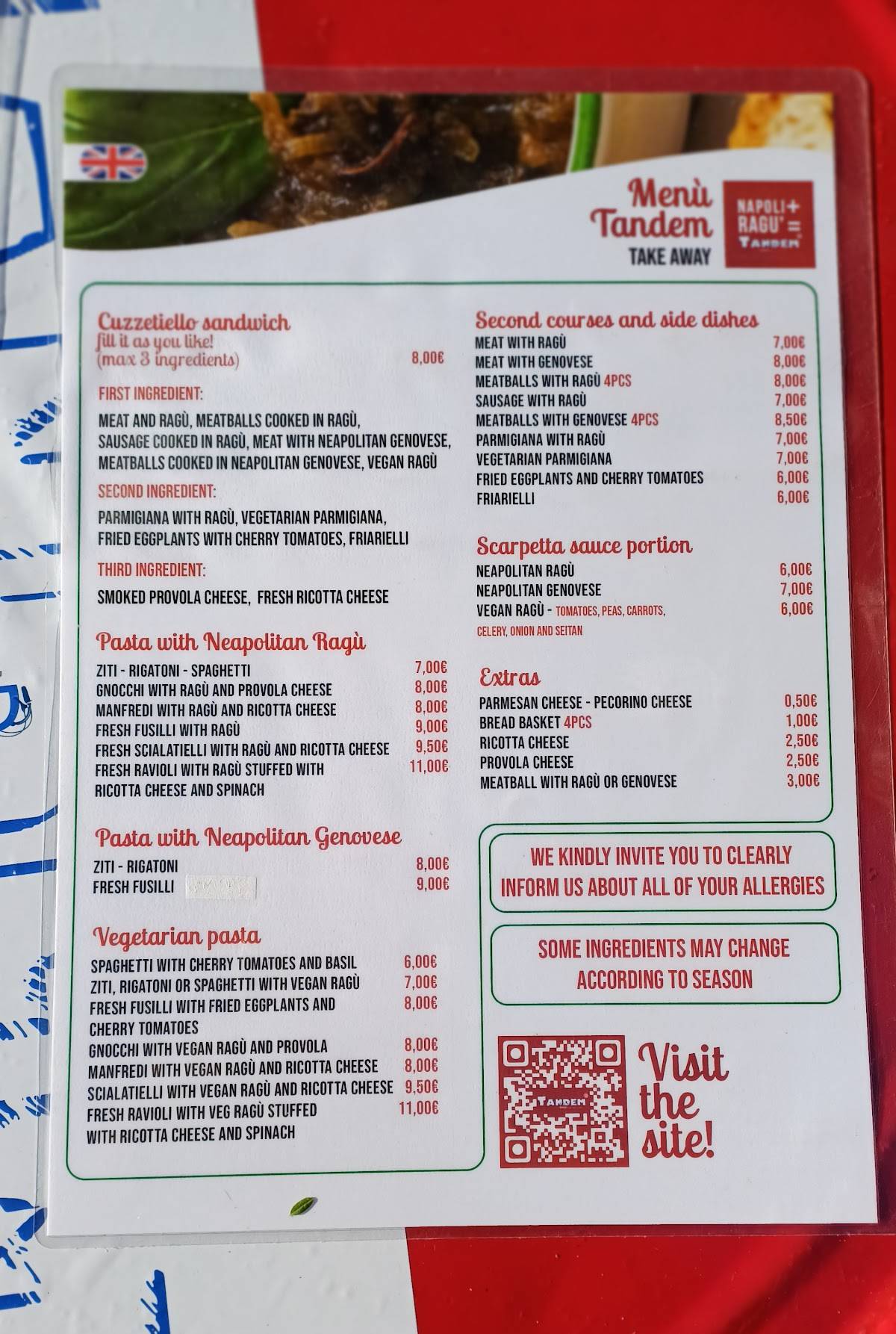 Carta del restaurante Tandem Ragù Porta Capuana, Napoles