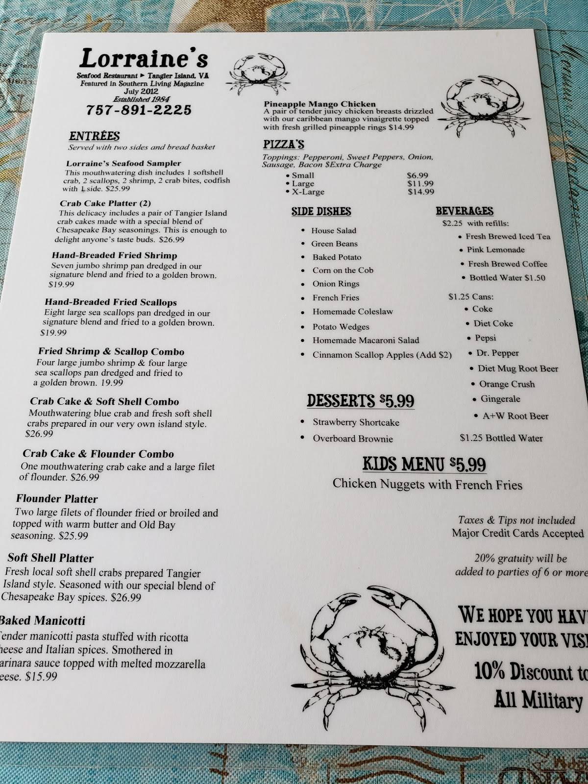 Menu at Lorraine's Seafood Restaurant, Tangier