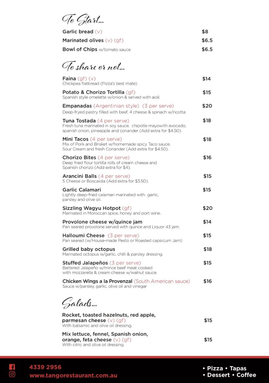 Menu at Tango Pizza-Tapas Restaurant, The Entrance