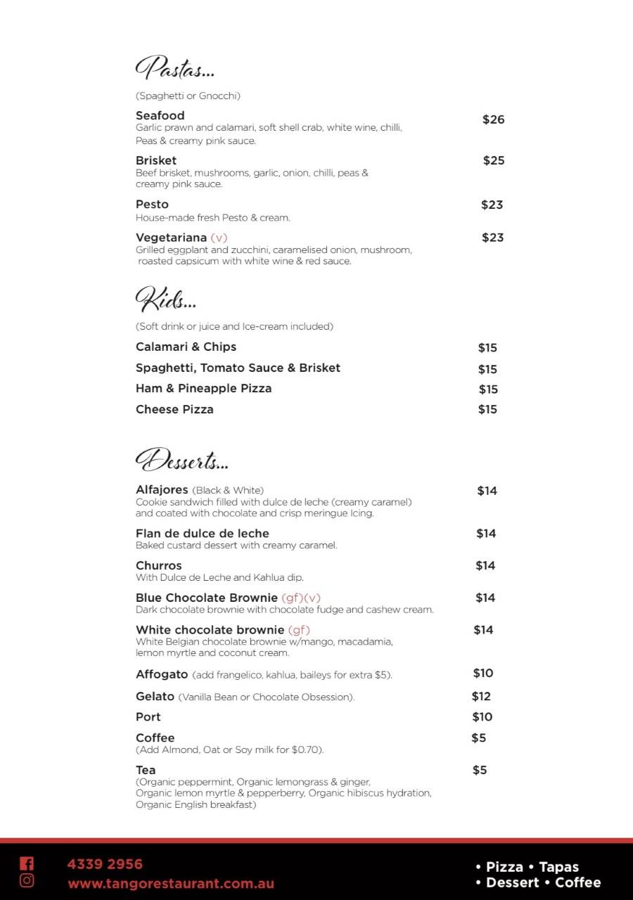 Menu at Tango Pizza-Tapas Restaurant, The Entrance