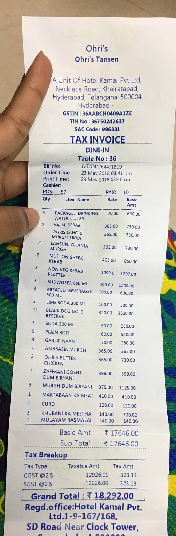 Menu at Tansen, Hyderabad, Ohri's Jalavihar
