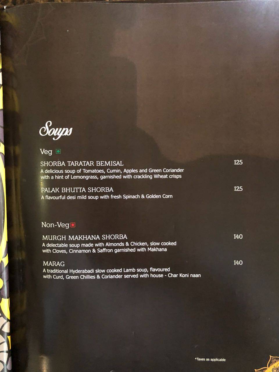 Menu at Tansen, Hyderabad, Ohri's Jalavihar