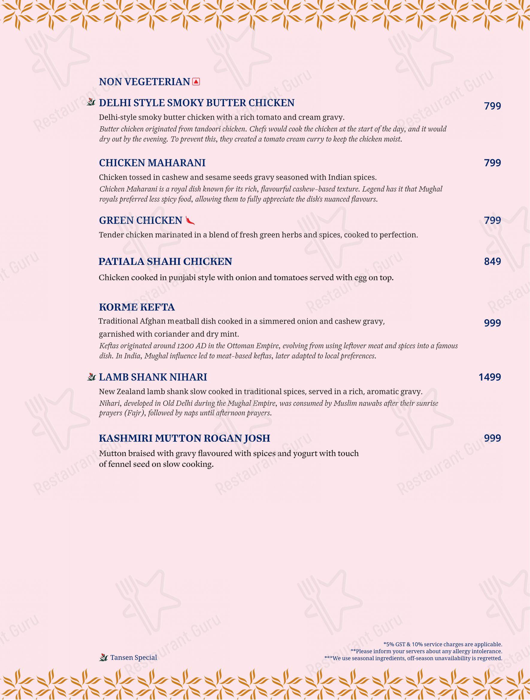 Menu at Tansen, Hyderabad, Sy No. 332 & 333