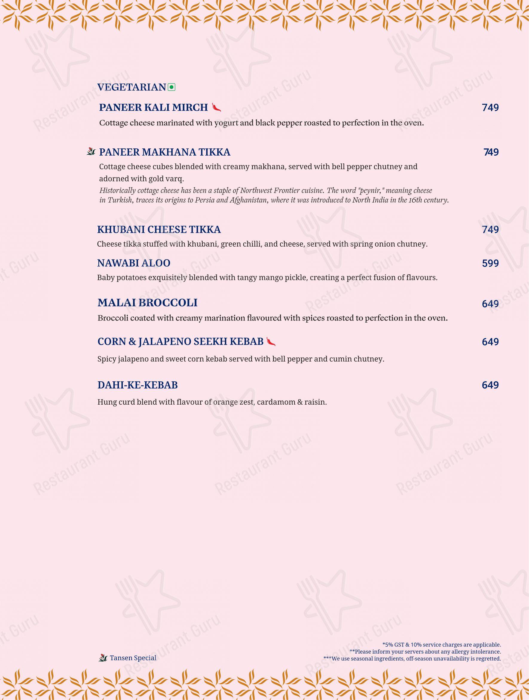 Menu at Tansen, Hyderabad, Sy No. 332 & 333
