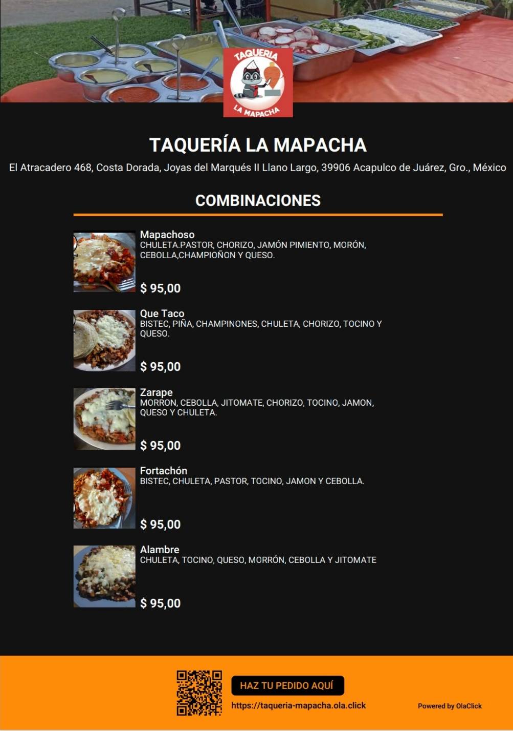Menu at Taquería la Mapacha restaurant, Acapulco, El Atracadero 468