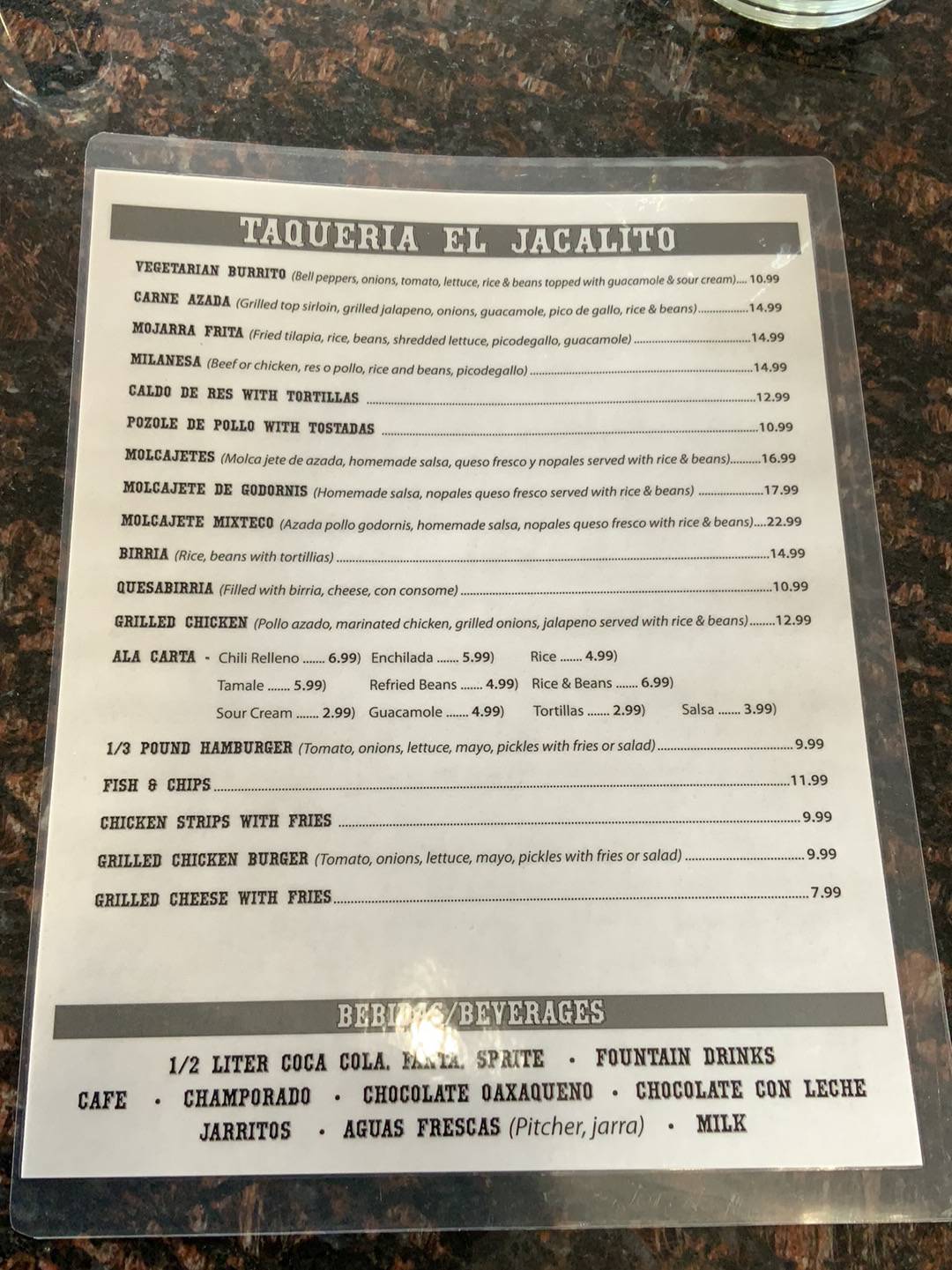 Menu at Taqueria El Jacalito restaurant, Salem