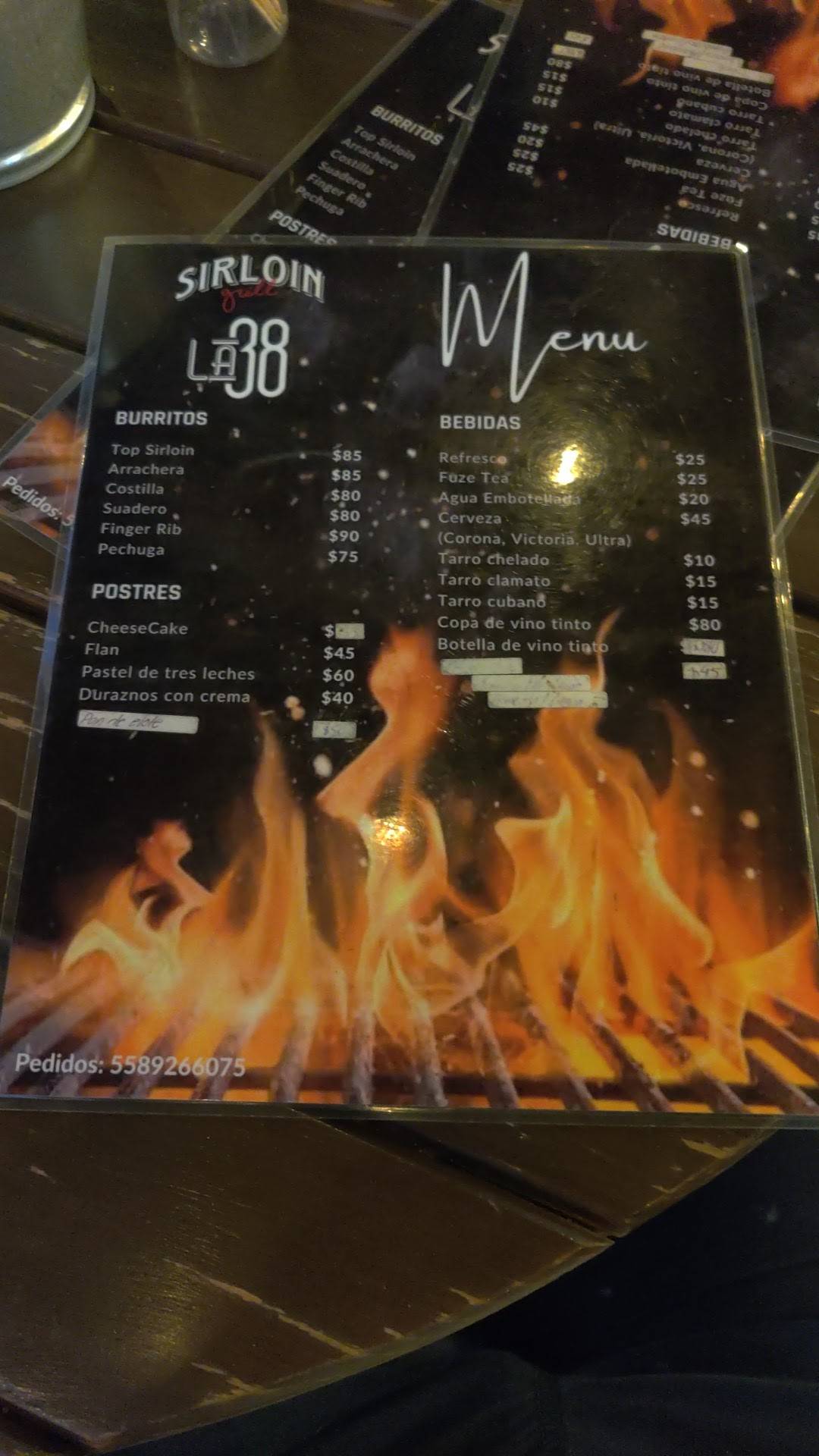 Menu at Taquería La 38 restaurant, Mexico City
