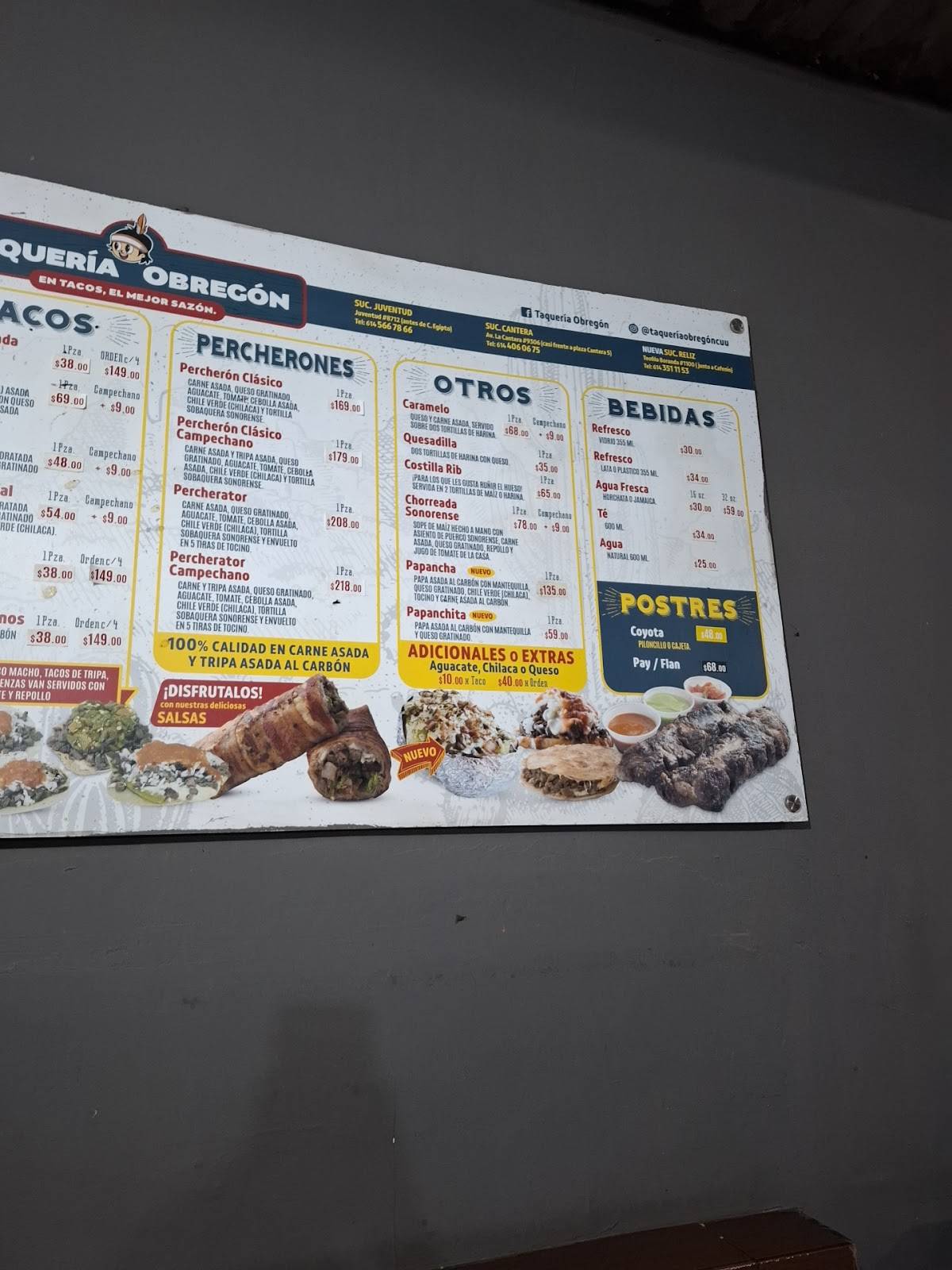 Carta del restaurante Taquería Obregón, Chihuahua, Perif. del la ...