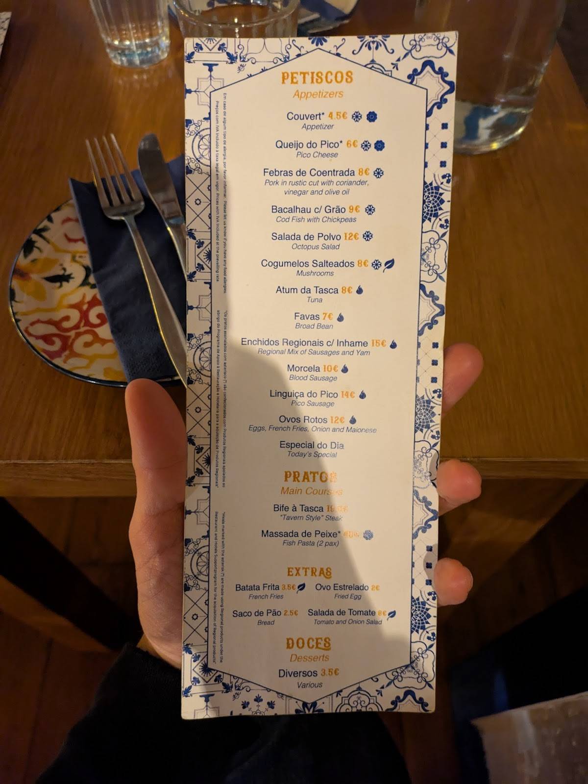 Menu em Tasca restaurante, Portugal