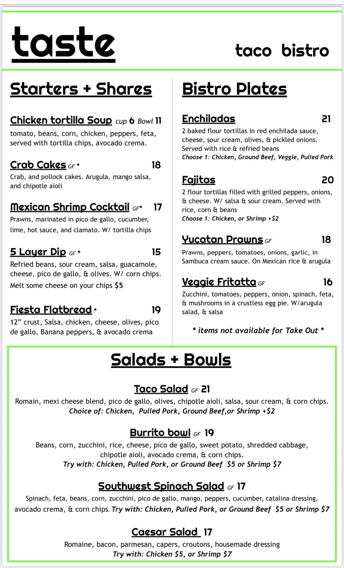 Menu at Taste Taco Bistro restaurant, Parksville