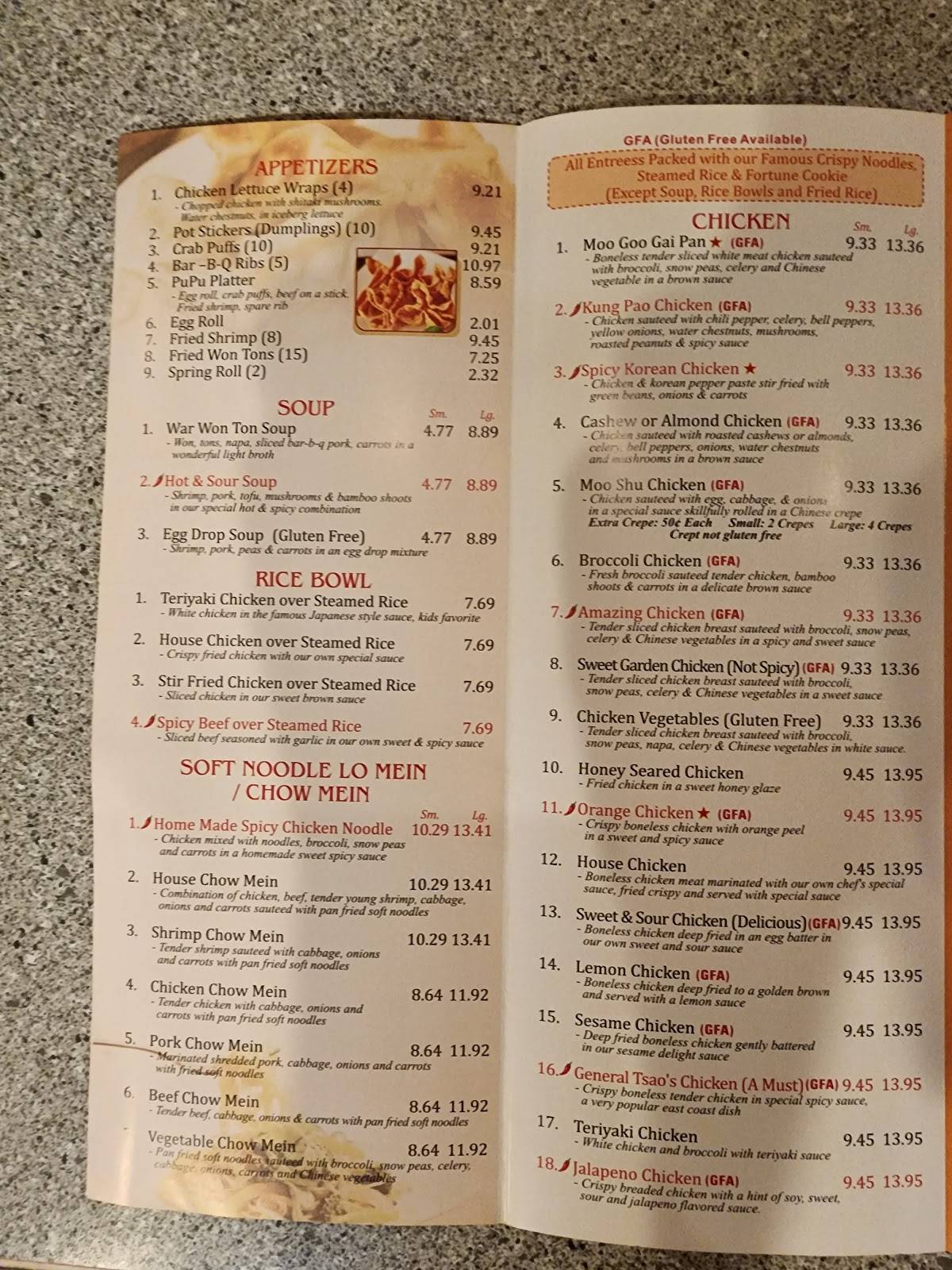 Menu at Taste of China restaurant, Gilbert