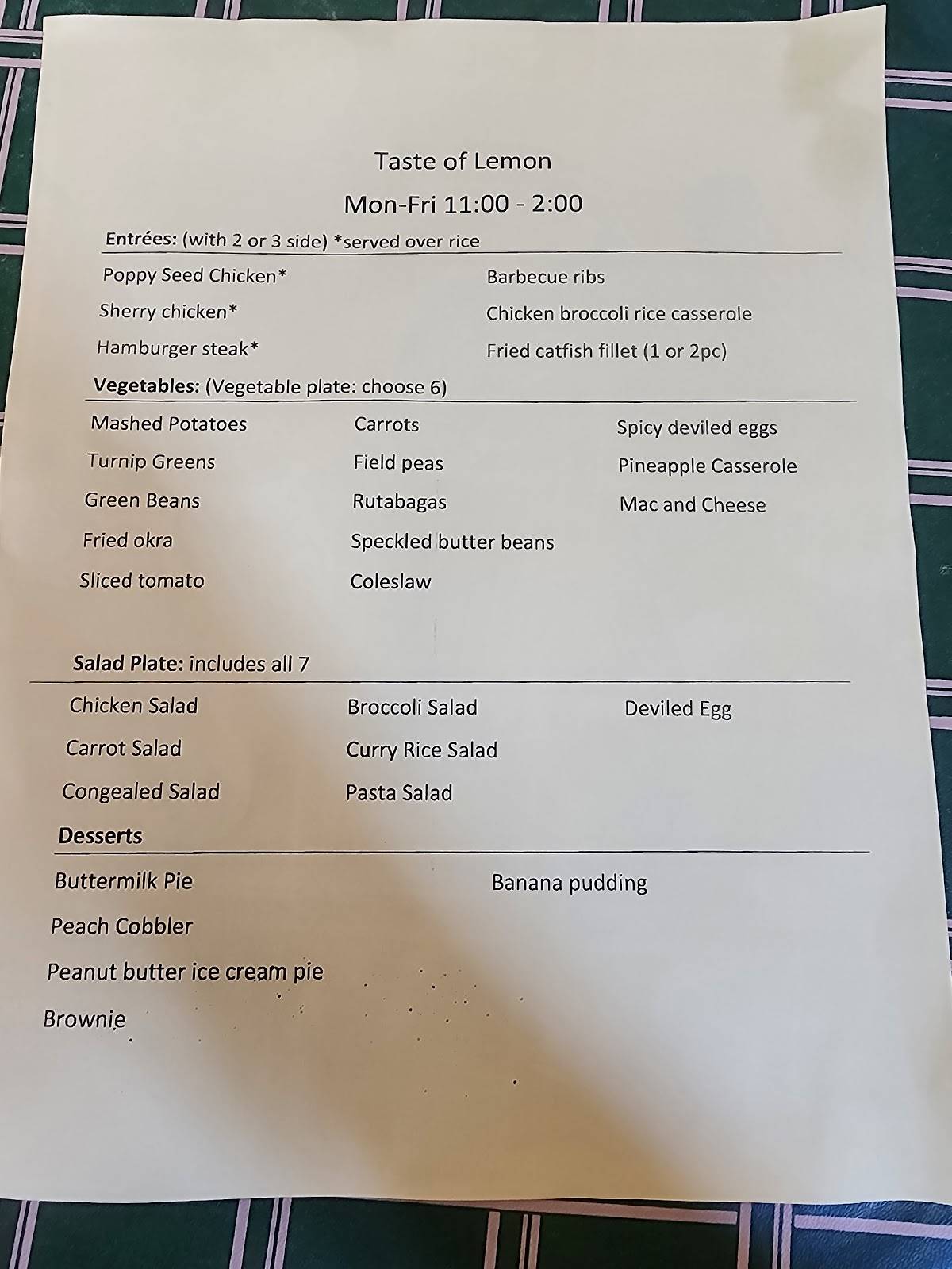 Menu at Taste of Lemon Restaurant, LaGrange