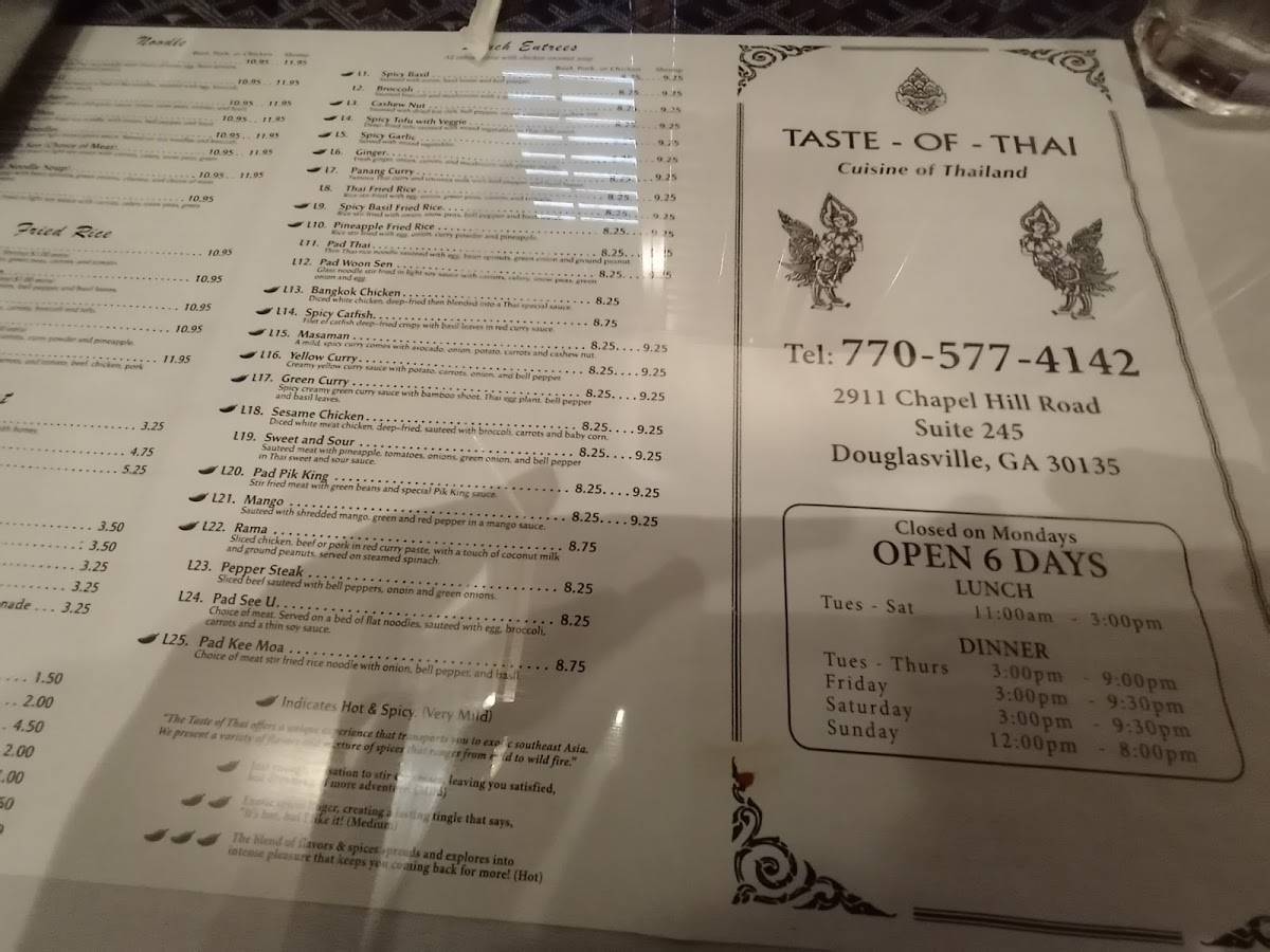 Menu at Taste of Thai restaurant, Douglasville, Chapel Hill Rd # 245