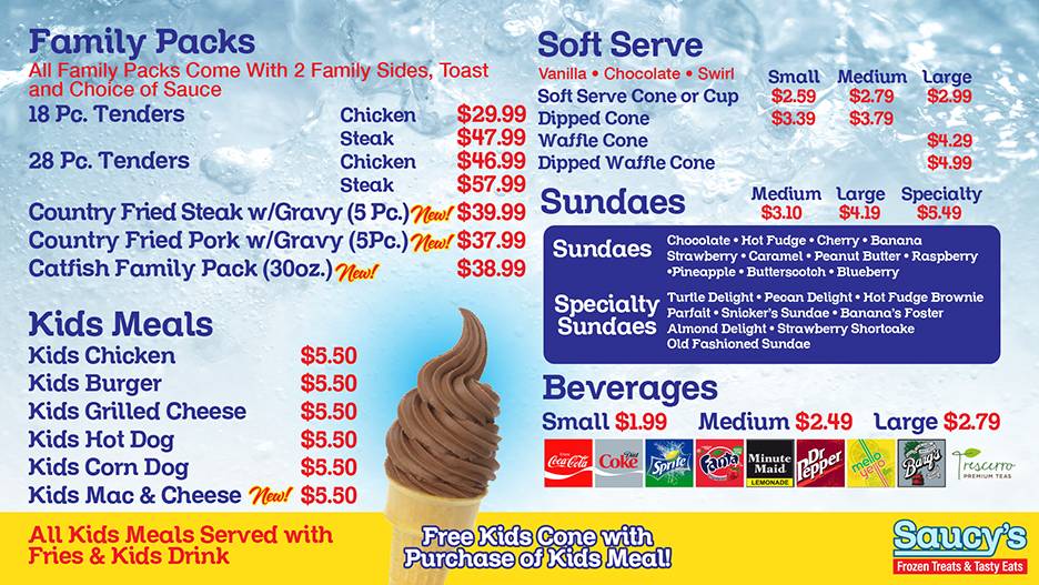 Menu at Saucy’s Frozen Treats & Tasty Eats fast food, Milton