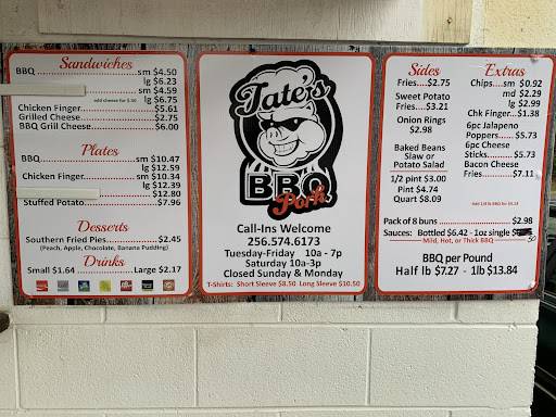 Menu at Tate's Bar-B-Que, Scottsboro, 103 Stewart Rd