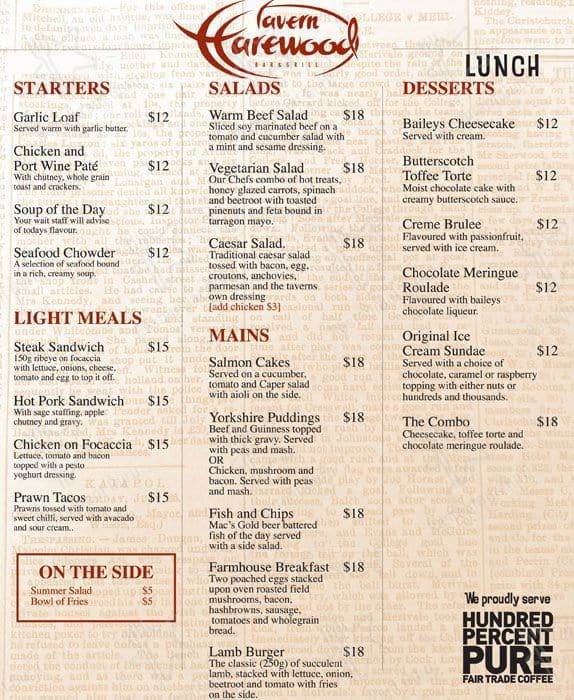 Menu at Tavern Harewood pub & bar, Christchurch, 333 Harewood Rd