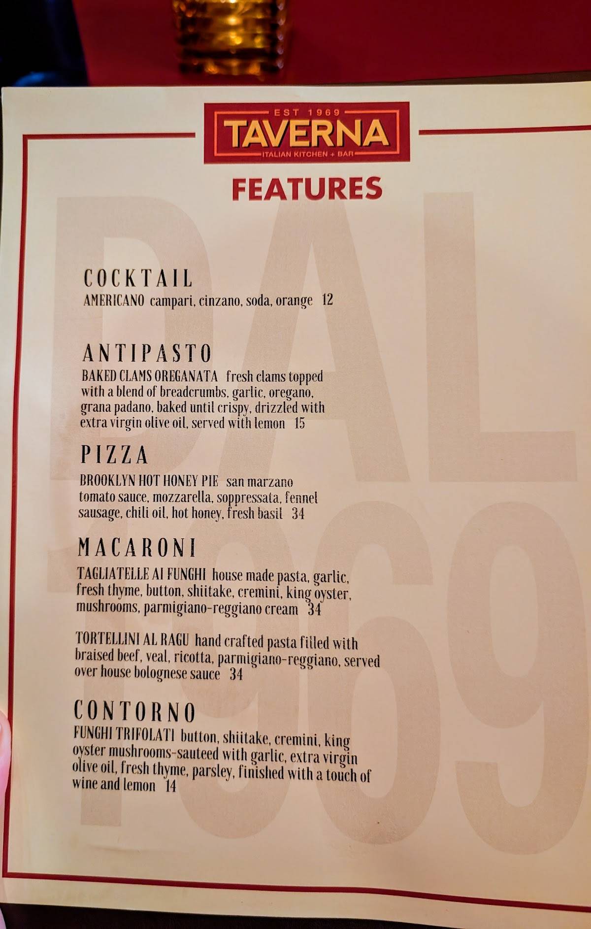 Menu at Taverna Italian Kitchen + Bar, Saskatoon