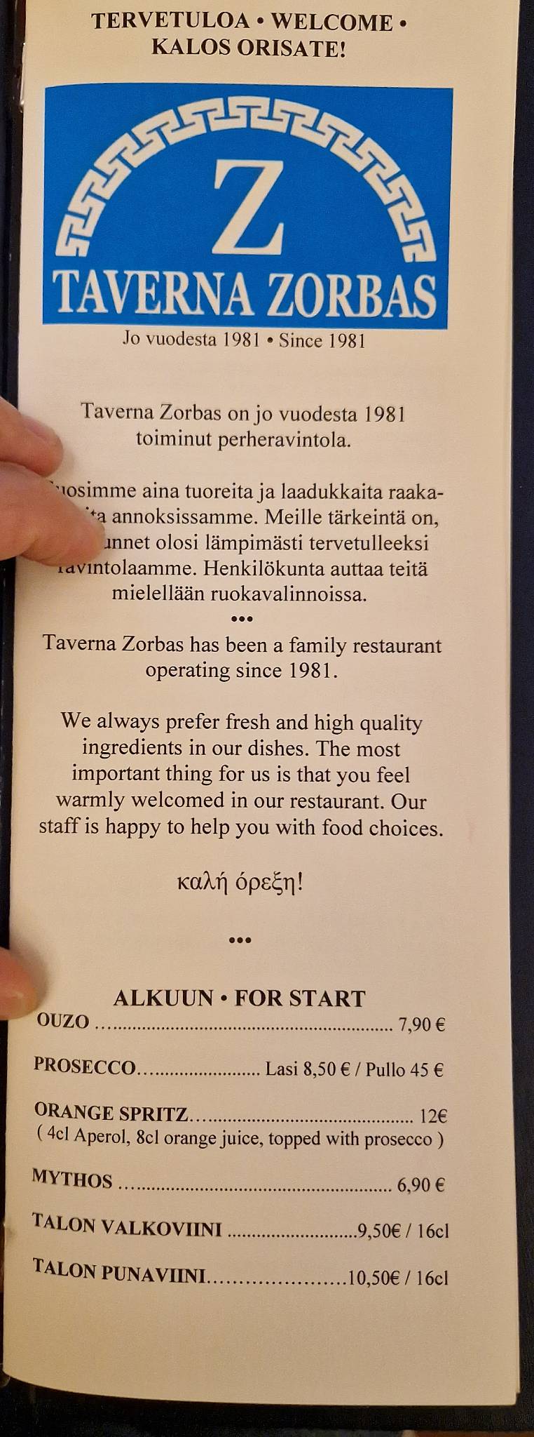 Menu at Taverna Zorbas restaurant, Helsinki