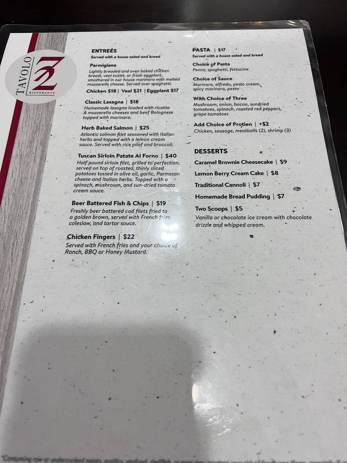 Menu at Tavolo 72 restaurant, Middleburg Heights