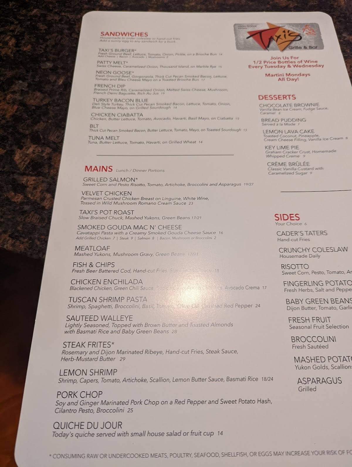 Menu at Taxi's Grille & Bar, Omaha