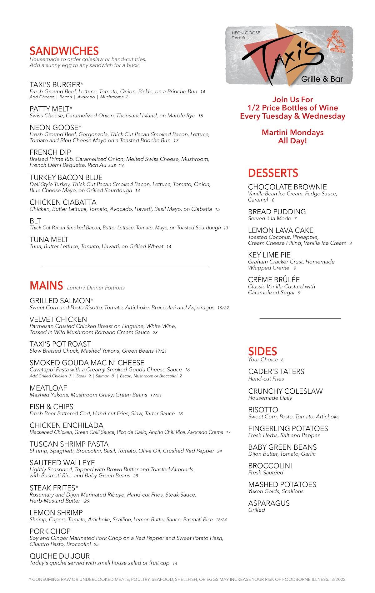 Menu at Taxi's Grille & Bar, Omaha