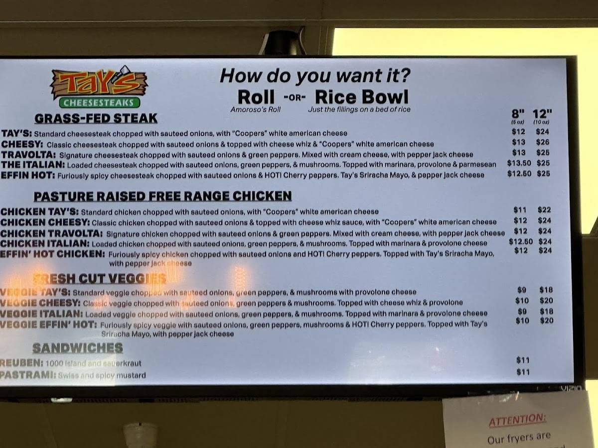 Menu at Tay’s Cheesesteak restaurant, Kansas City