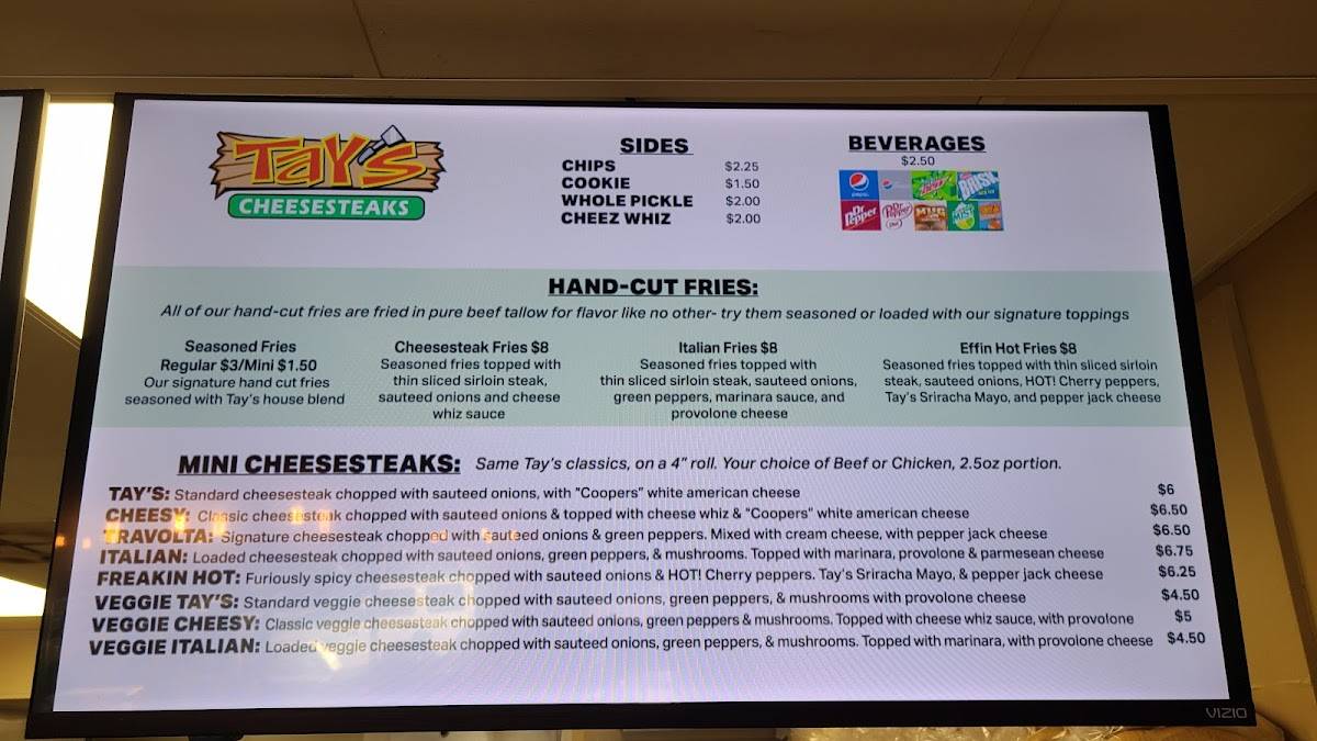 Menu at Tay’s Cheesesteak restaurant, Kansas City