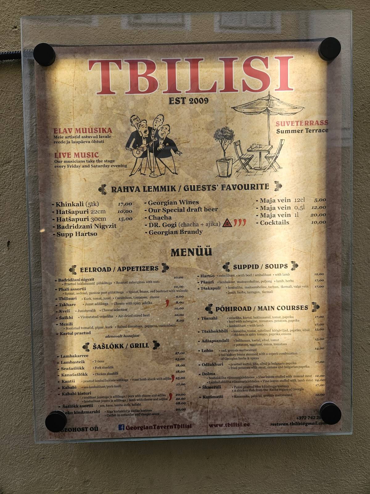 Menu at Tbilisi restaurant, Tallinn, Pikk 43