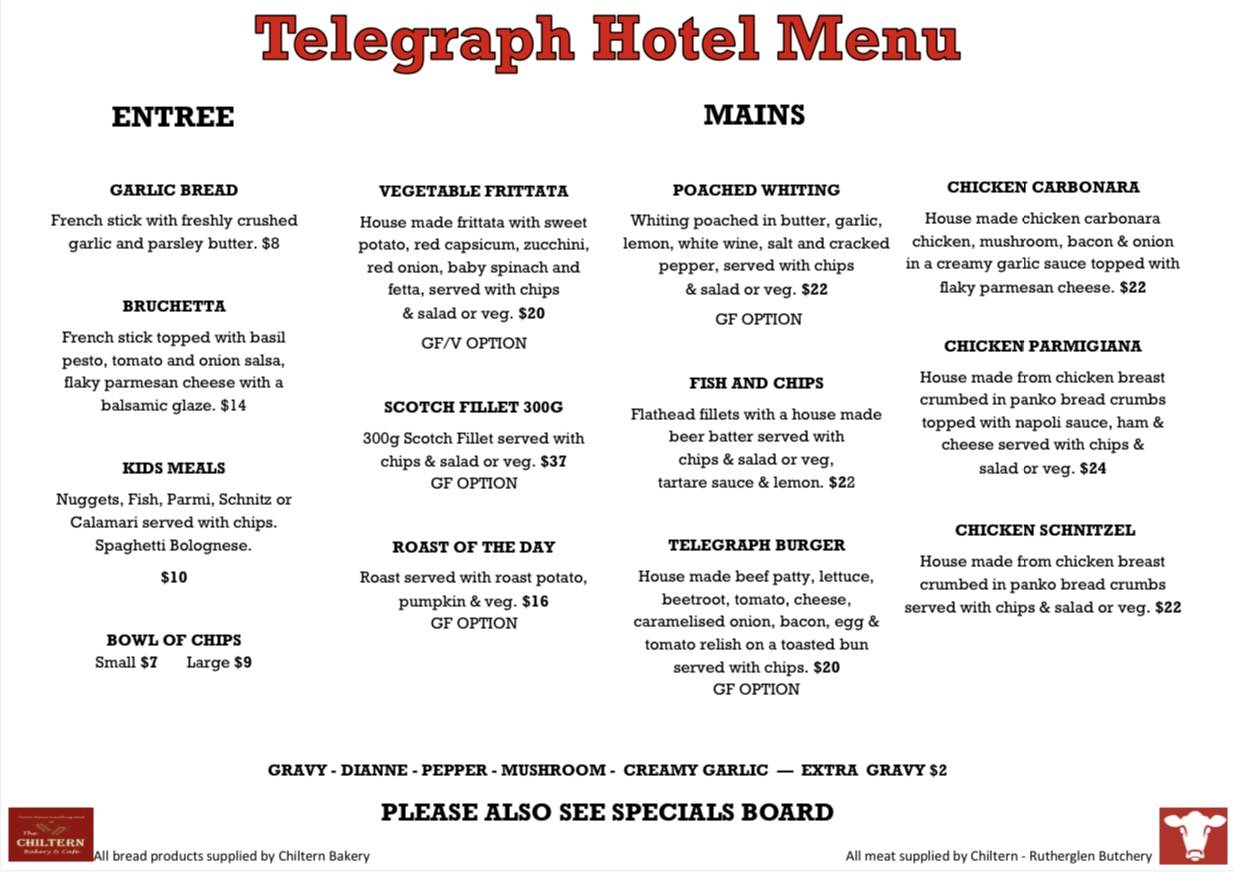 Menu at Telegraph Hotel pub & bar, Chiltern