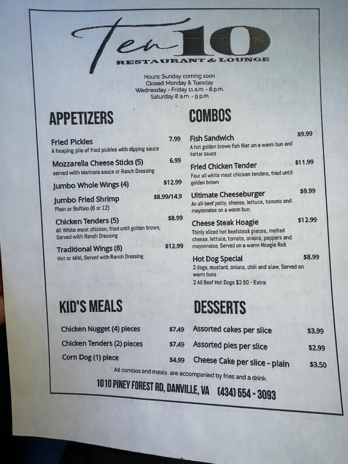 Menu at Ten Ten restaurant, Danville