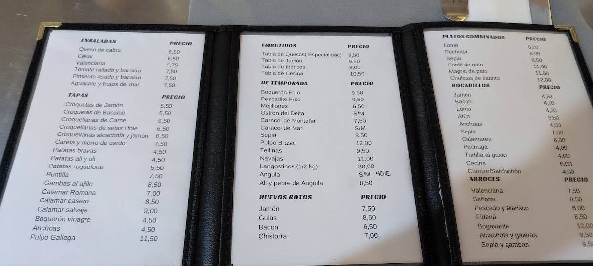 Carta del pub y bar Terraza Perero, Torreblanca