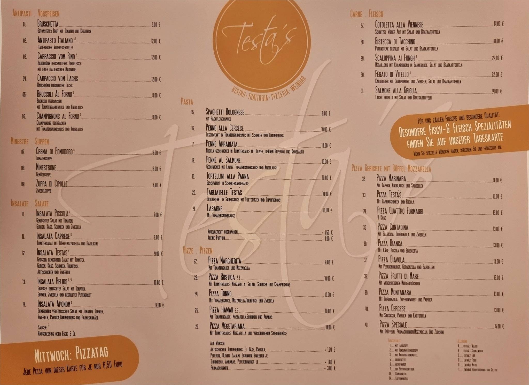 Menu at Testa's Bistro pizzeria, Northeim