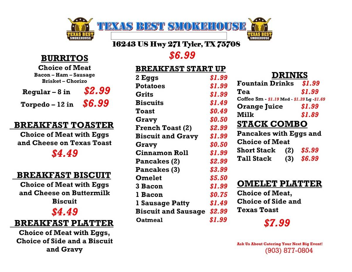 Menu at Texas Best Smokehouse restaurant, Tyler