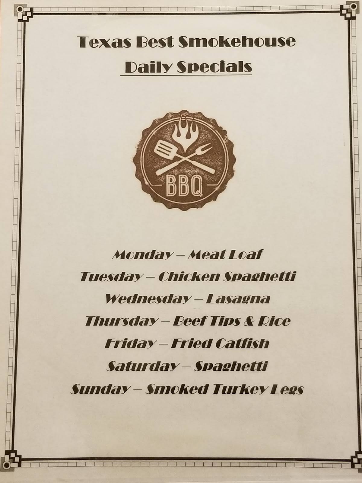 Menu at Texas Best Smokehouse restaurant, Tyler