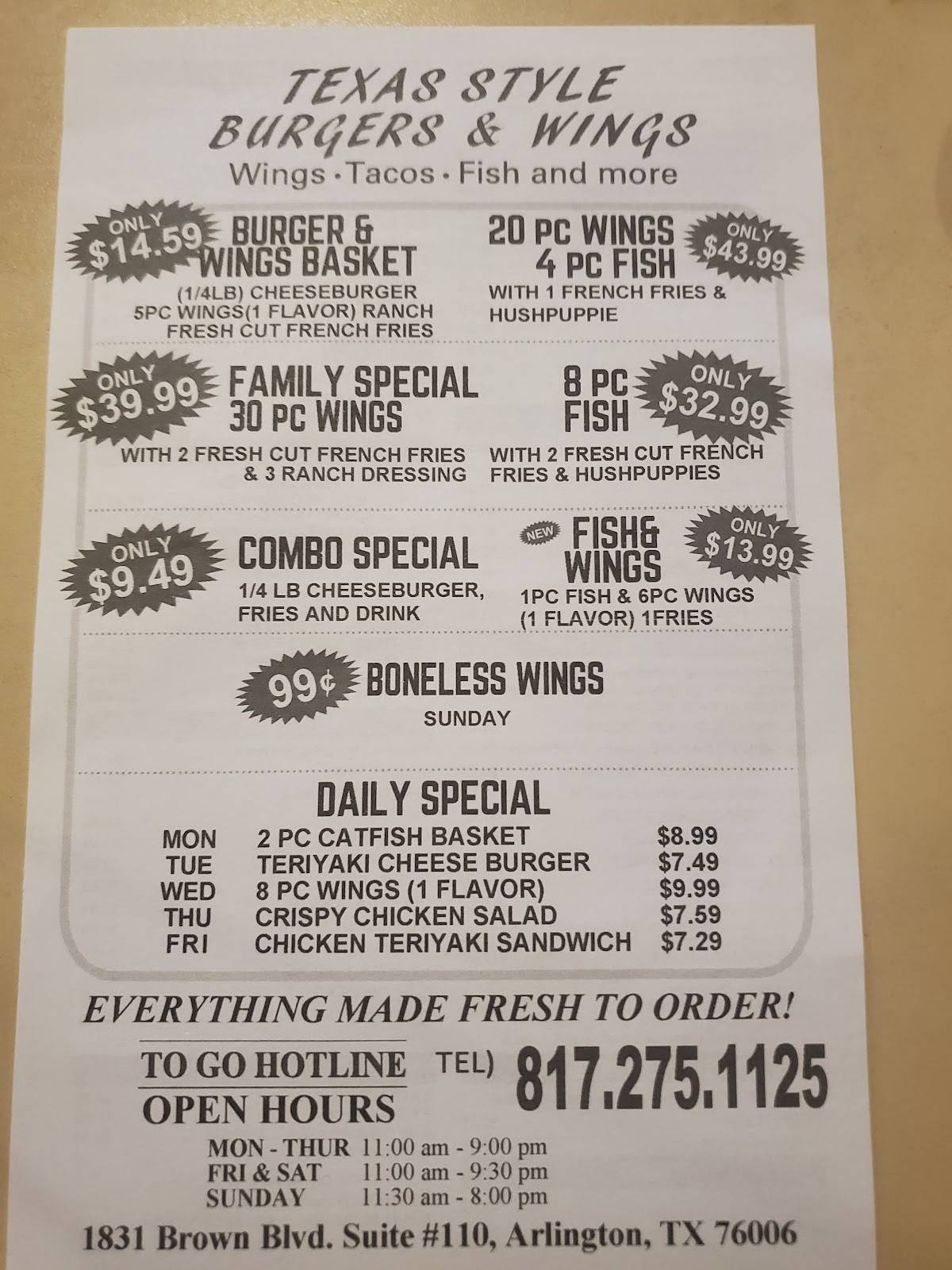 Carta del restaurante Texas Style Burgers & Wings, Arlington